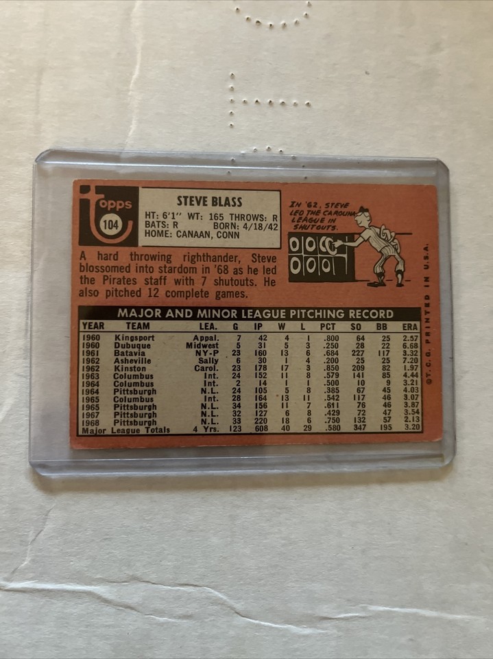 1969 Steve Blass Pittsburgh Pirates Topps Baseball Card #104 | eBay