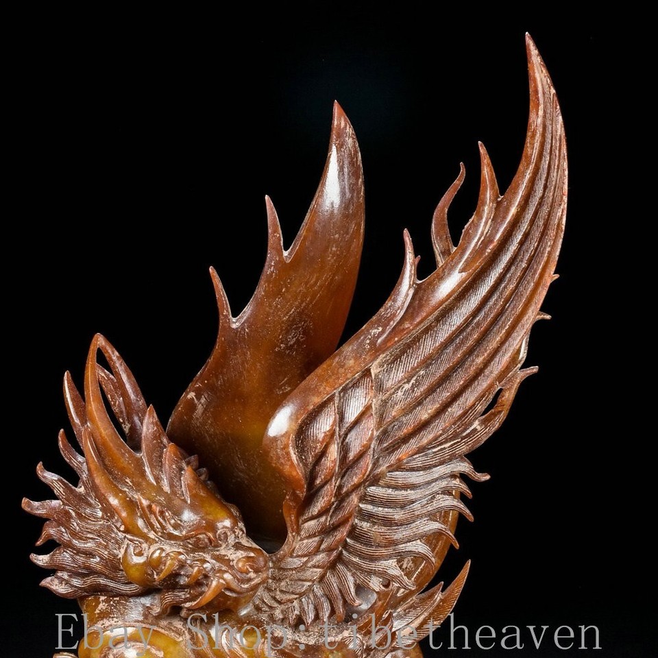 8.4” Old Chinese Hetian Jade Carving Dynasty Palace Fly Dragon Beast ...