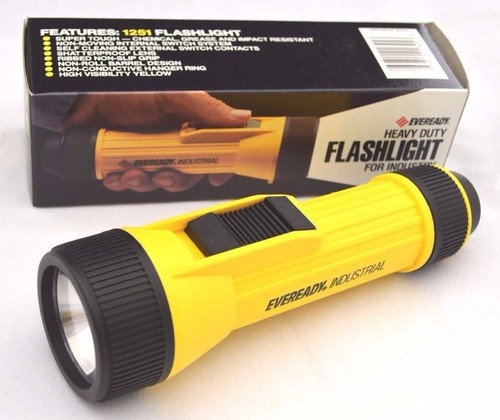 8" VINTAGE Eveready HEAVY DUTY Yellow FLASHLIGHT Industrial 2 D USA NEW ...