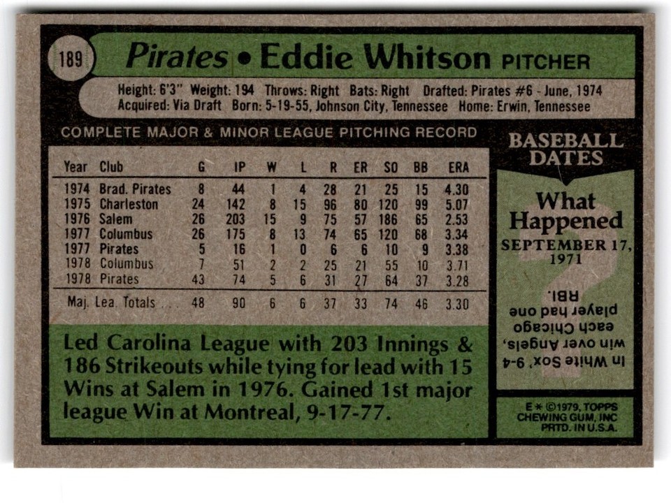 1979 Topps Eddie Whitson Rookie Pittsburgh Pirates #189 | eBay