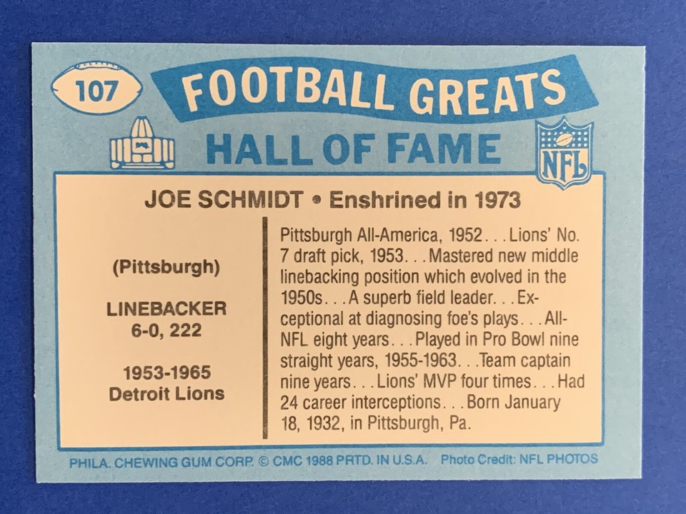 JOE SCHMIDT HOF Signed 1988 Swell Greats #107 Lions Pitt Panthers ...
