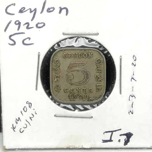1920 CEYLON 5 CENTS Copper/Nickel SQUARE SHAPE COLLECTIBLE COIN.KM#108 ...