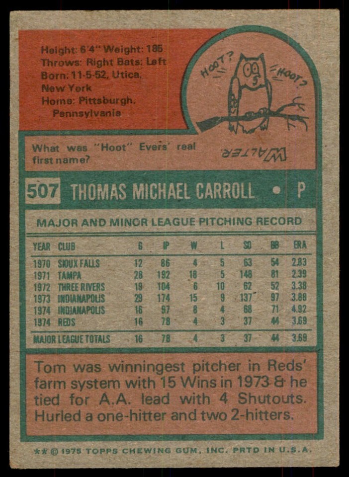 1975 Topps Baseball Card Tom Carroll Cincinnati Reds #507 | eBay