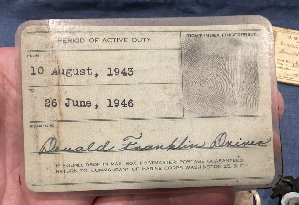 WWII USMC Dog Tag, ID Card Grouping 1943-46, 4 Tags, Cert of Service ...