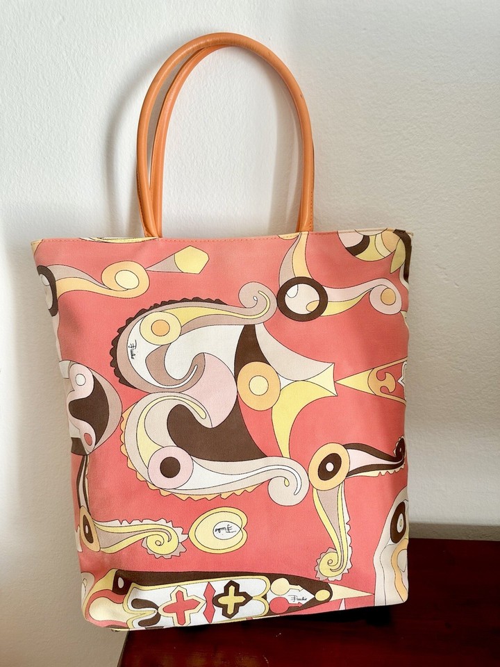 Emilio Pucci Tote Bag Pattern Canvas Geometric Print Orange Shapes ...