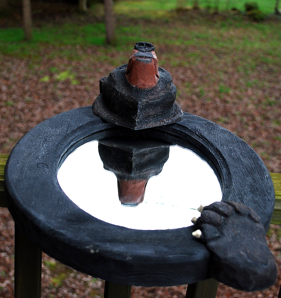 Vtg FANTASTIC Hand Carved BLACK BEAR Painted WOOD MIRROR W PAW 19" Oval ...