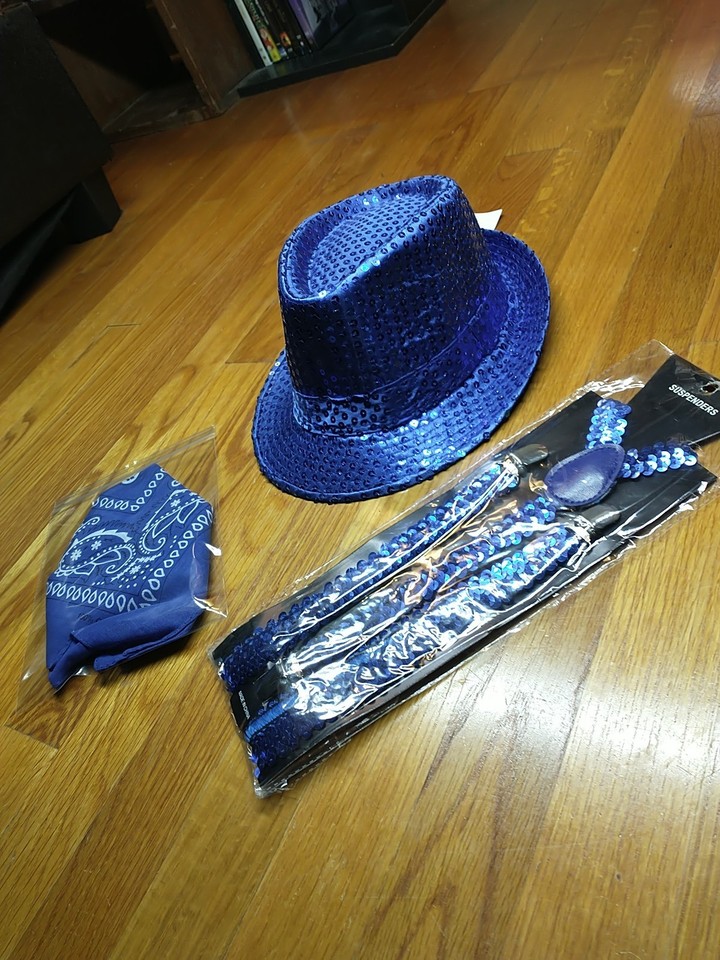Blue Sequin Hat Suspenders And Bandana. Lot Of 3 Items. BRAND NEW! | eBay