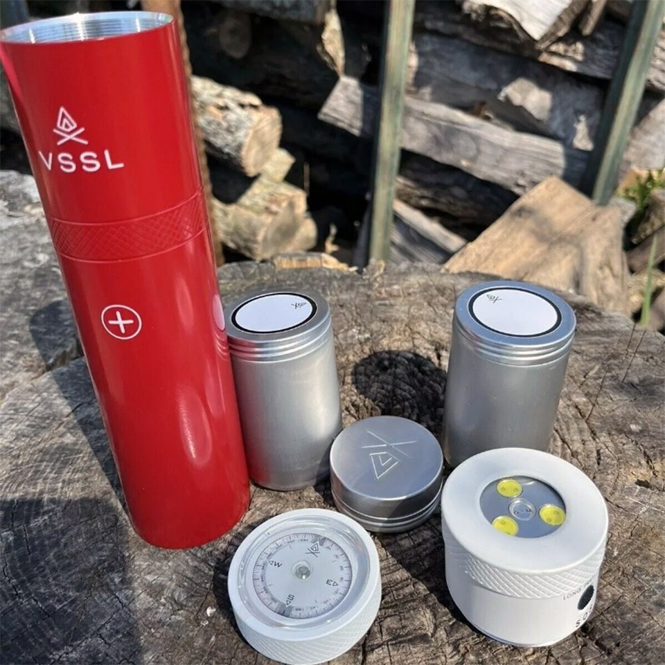 VSSL First Aid Stash Kit Aluminum +Storage Tins Flashlight Compass LED ...