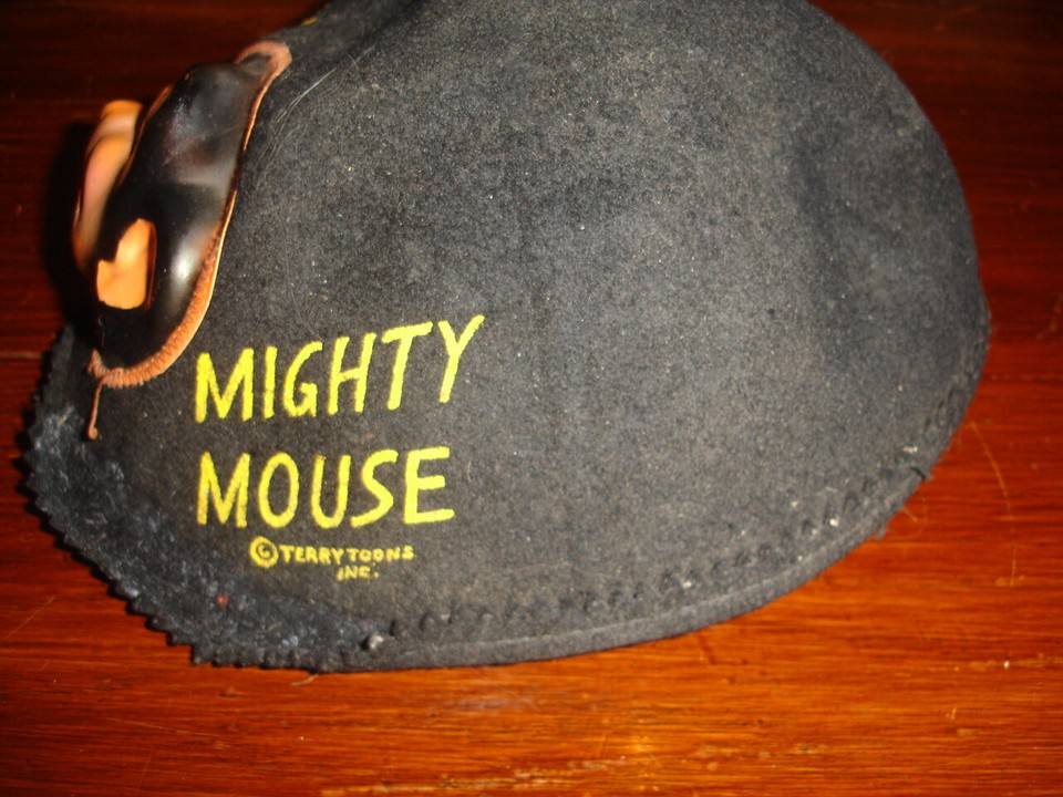 RARE TX Estate 1940s Mighty Mouse VTG Cap Hat Whistling Puppet Wool ...