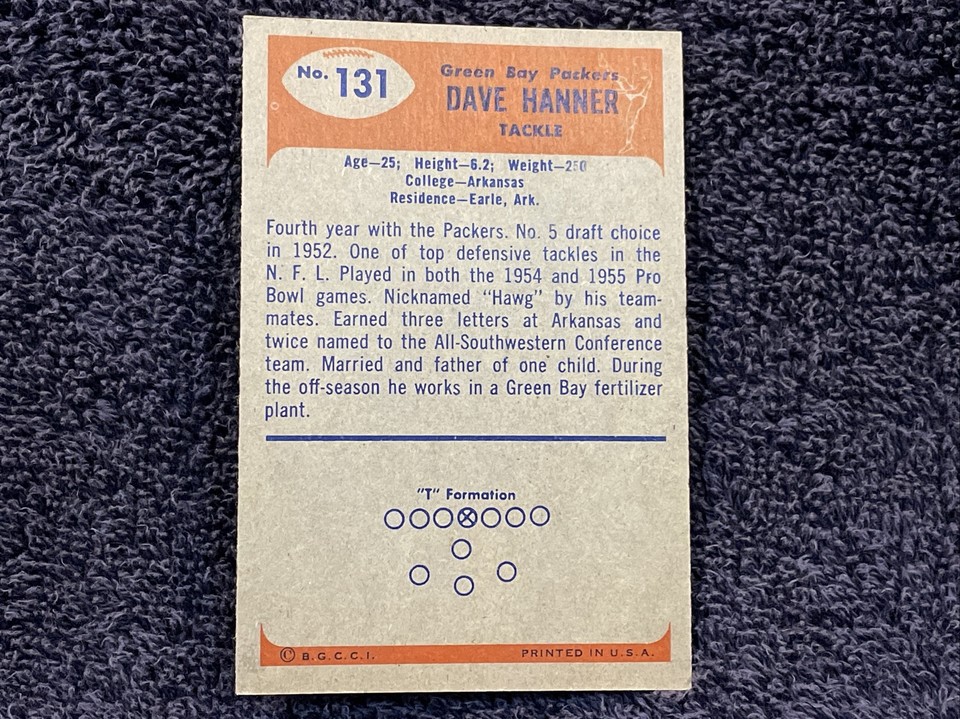 VINTAGE 1955 Bowman #131 Dave Hanner Card, Green Bay Packers, NM BEAUTY ...