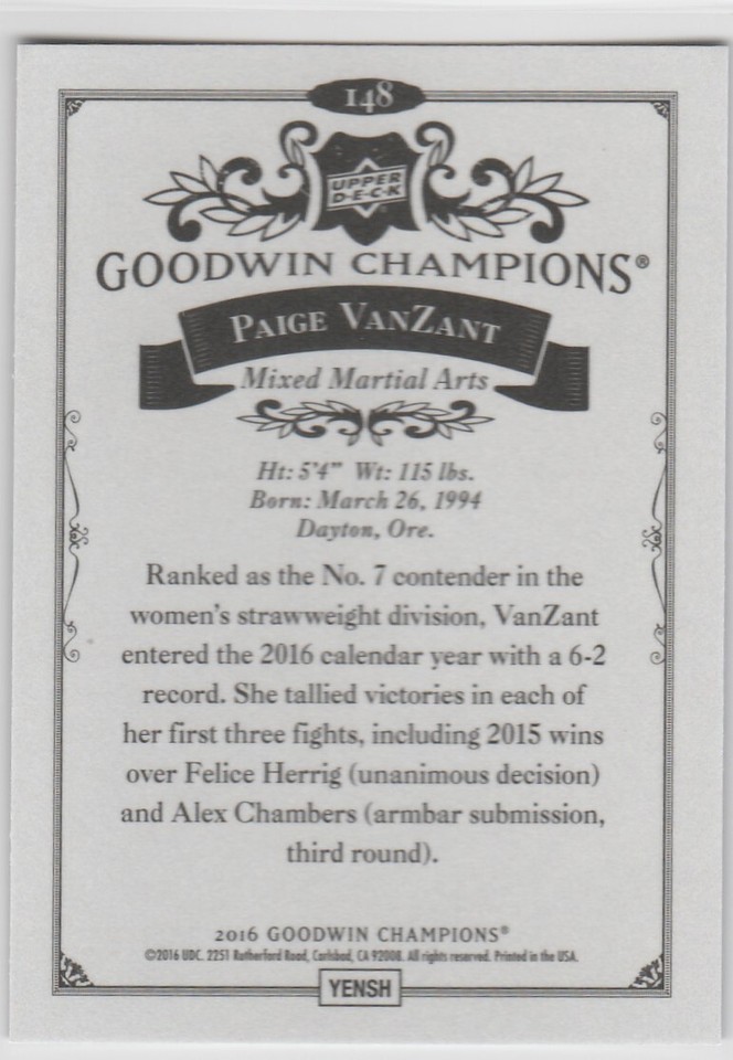 2016 UFC PAIGE VANZANT Upper Deck Goodwin Champions #148 BLACK & WHITE ...