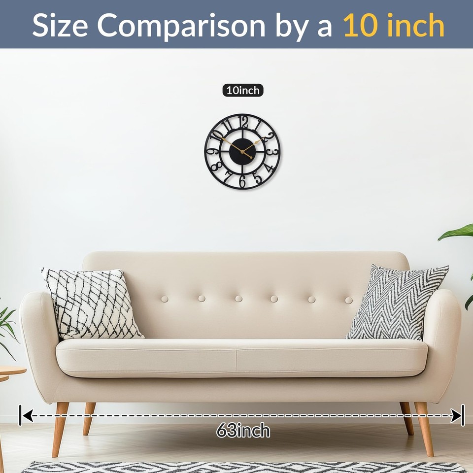 10 inch Black Wall Clock with Arabic Numerals Silent Non-Ticking ...