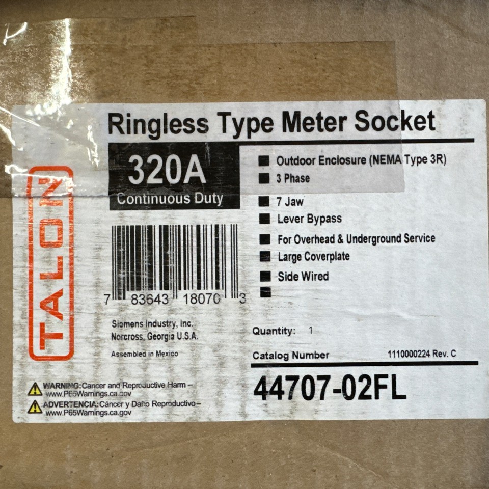 NEW TALON 44707-02FL 320A Ringless Type Meter Socket Outdoor Type 3R 3P ...