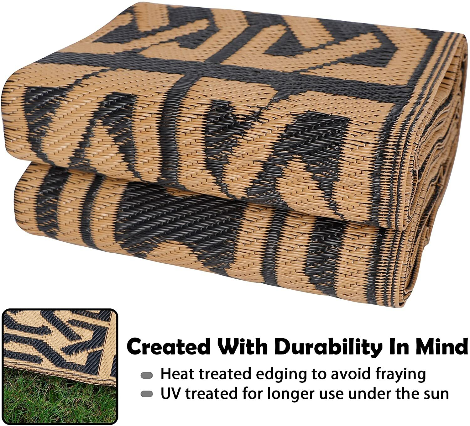 Black Brown Geometric RV Mat Rug 5 x 8 ft Foldable Outdoor Patio Deck ...