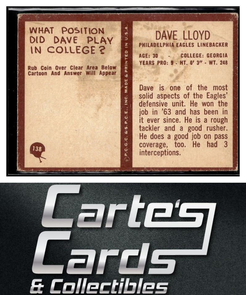 Dave Lloyd 1967 Philadelphia #138 Philadelphia Eagles | eBay