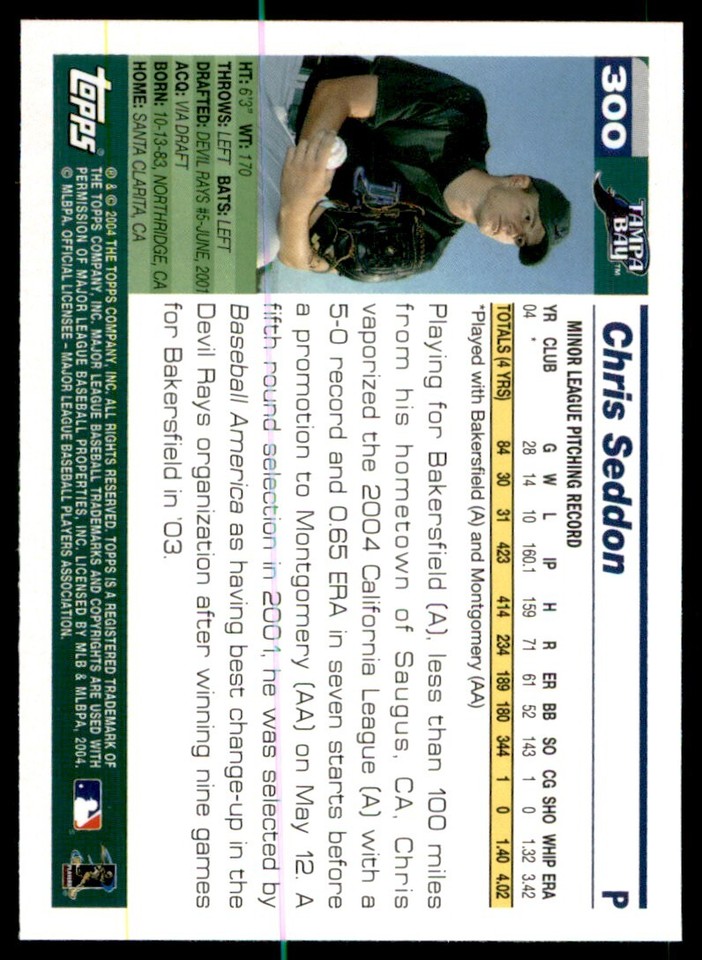 2005 TOPPS CHRIS SEDDON RC TAMPA BAY DEVIL RAYS #300 | eBay