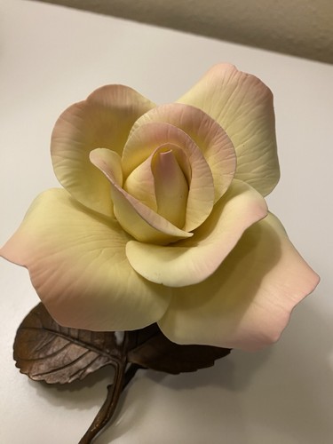 BOEHM Yellow Pink bisque porcelain “The Peace Rose” Rose On Bronze Stem ...