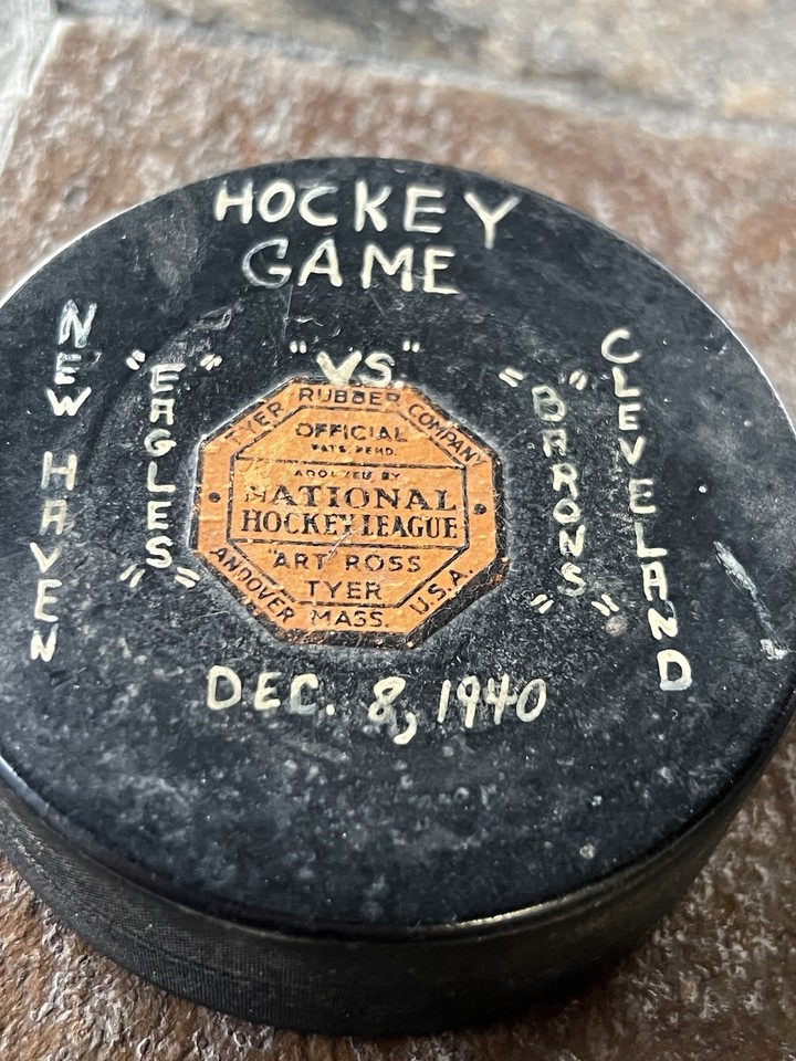 Andover NHL Hockey Puck Art Ross Tyer 1940 New Haven Eagles Barons Pat ...