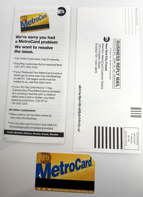 NYC MTA SUBWAY METROCARD PROBLEM RESOLUTION PAMPHLET, ENVELOPE ...