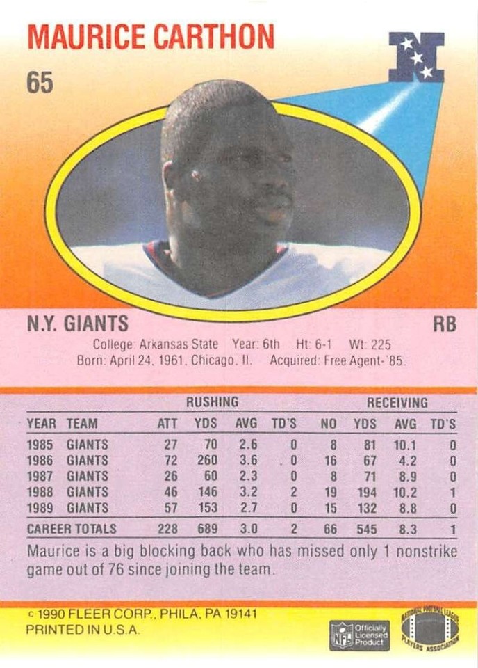 1990 FLEER NFL Football Trading Card #65 - MAURICE CARTHON, New York ...