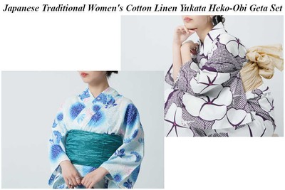 Japanese Traditional Women's Cotton Linen Yukata Heko-Obi Geta Set CL3 ...