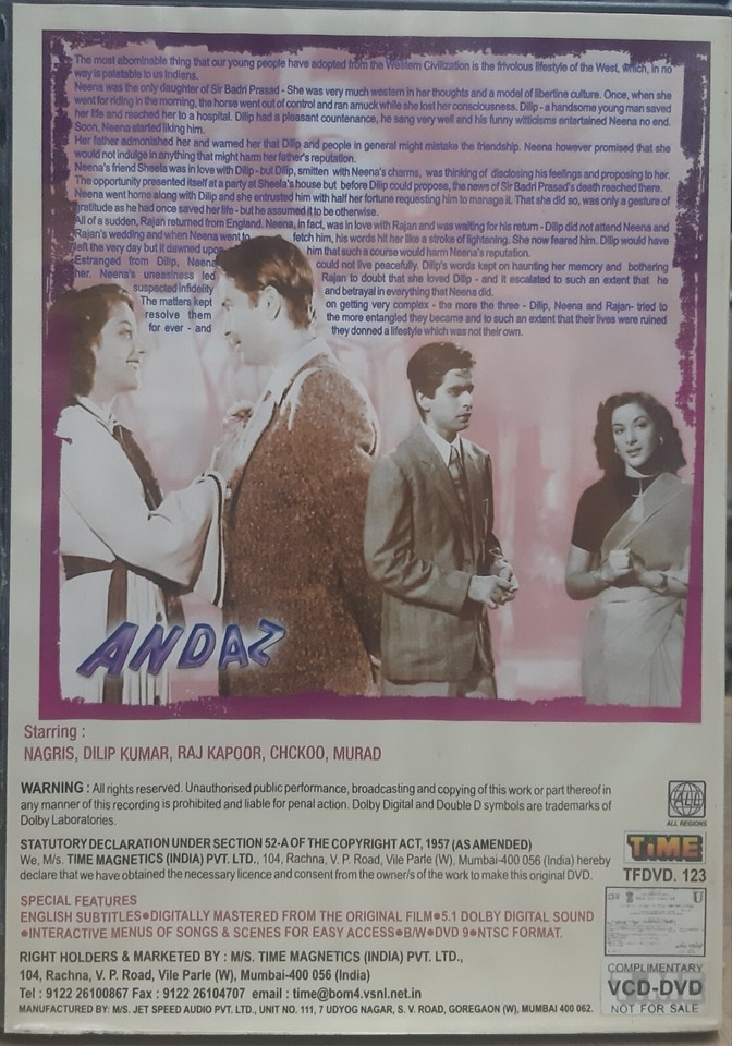Andaz - Raj Kapoor, Dilip Kumar, Nargis - Bollywood Hindi Movie DVD ...