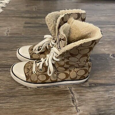 Coach Signature Bonney Shearling Brown High Top Lace Up Q397 Coach Signature Bonney Shearling Brown High Top Lace Up Q397