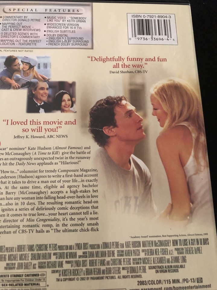 How to Lose a Guy in 10 Days (DVD, 2003, Widescreen Kate Hudson Matt ...
