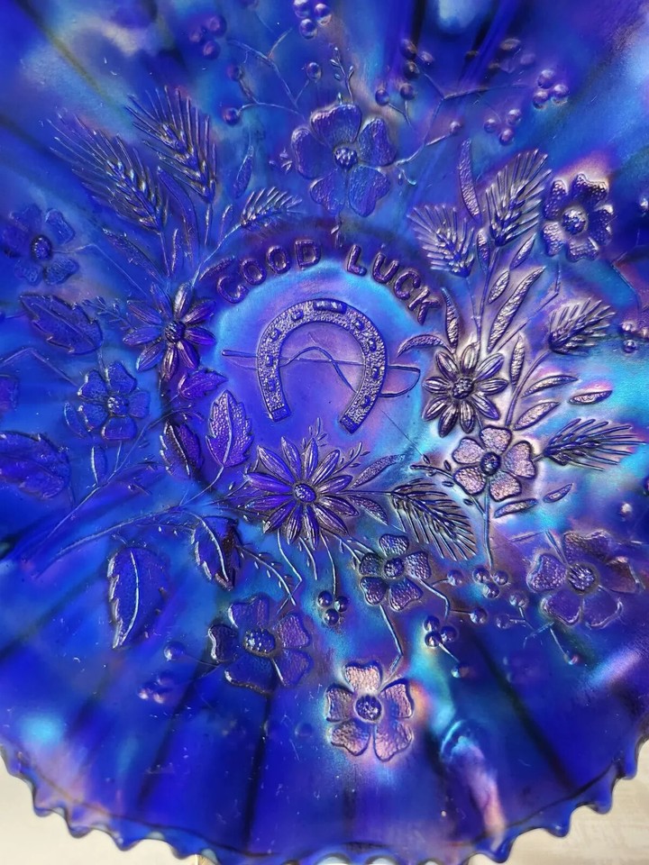 Blue Carnival Glass Good Luck Northwood Bowl Round Crimped Collectible ...