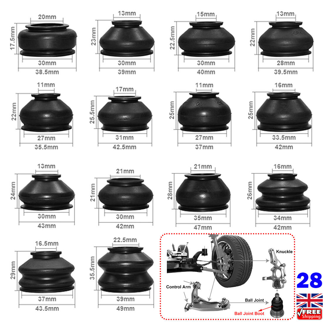 28 Pcs Universal Multi Ball Joint Rubber Dust Boot Covers Car Track Rod ...
