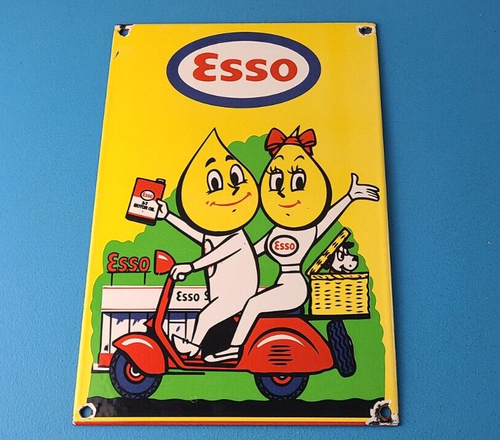 Vintage Esso Gasoline Porcelain Sign - Oil Drop Boy Scooter Vespa Gas ...