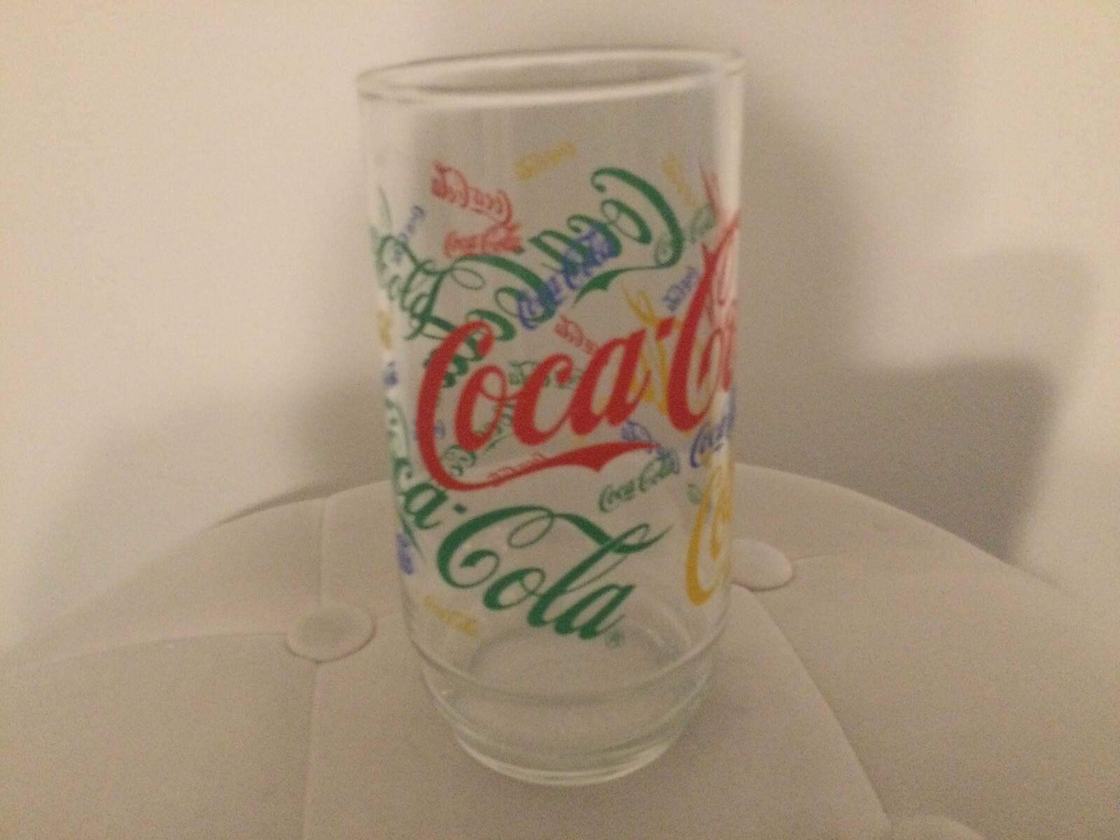 COCA COLA TALL glasses- set of 6 with multi-color writing all over 6-1/ ...
