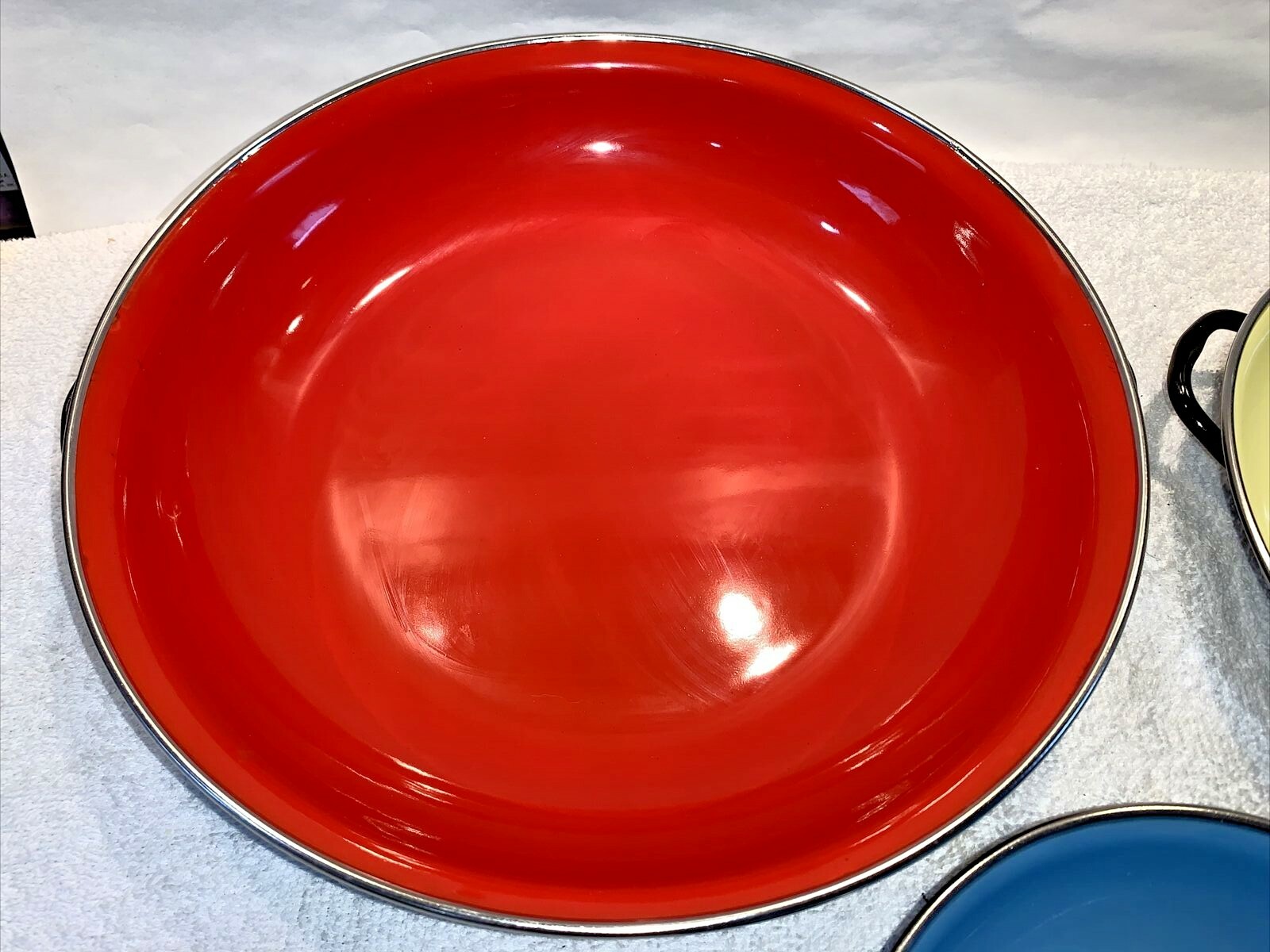 3 vtg Yugoslavian Enamel Skillet Saute Nesting pans Emo-Frite Celje mid ...