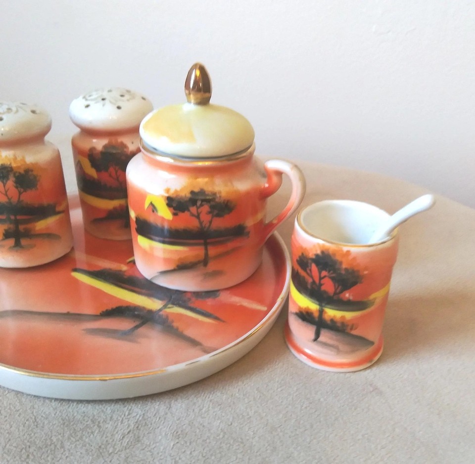 Asian Porcelain Condiments Tray Japan Salt, Pepper, Sugar / Mustard Jar ...