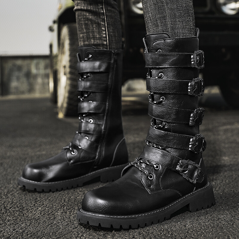 Men's Knee-High Mid Calf Boots Lace Up Buckle Outdoor Motorcycle Punk ...