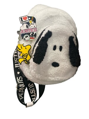 Justice Peanuts Snoopy Sherpa Mini Backpack White Woodstock Charm Zip ...