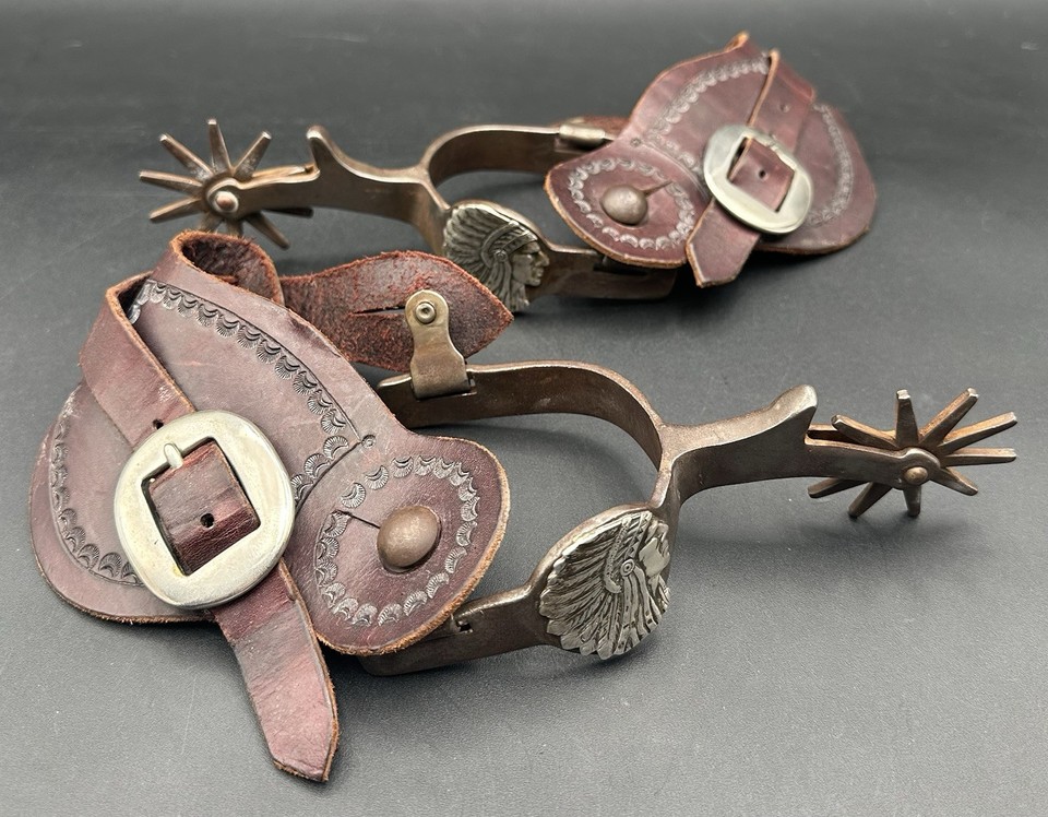 Vintage Indian Native American Head Chief Spurs Leather Straps Rowel ...