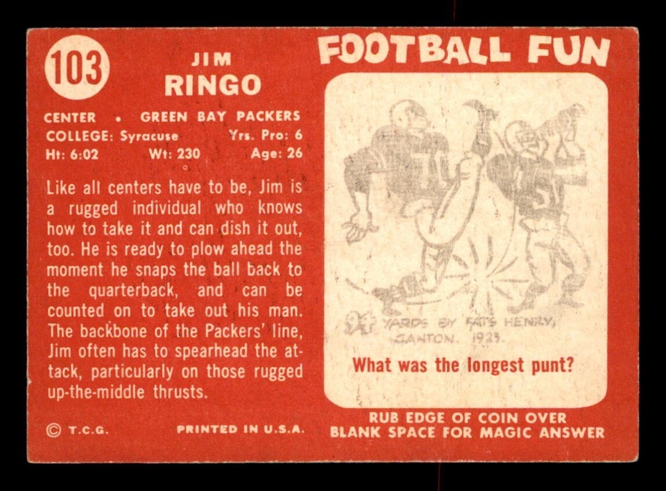 1958 Topps Football Jim Ringo #103 EX | eBay