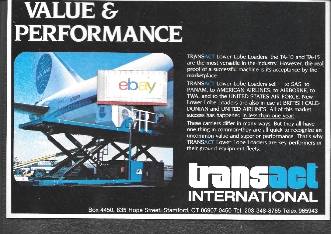 PAN AM 1984 BOEING 747-100 TRANSACT INTERNATIONAL LOWER LOBE LOADERS AD ...