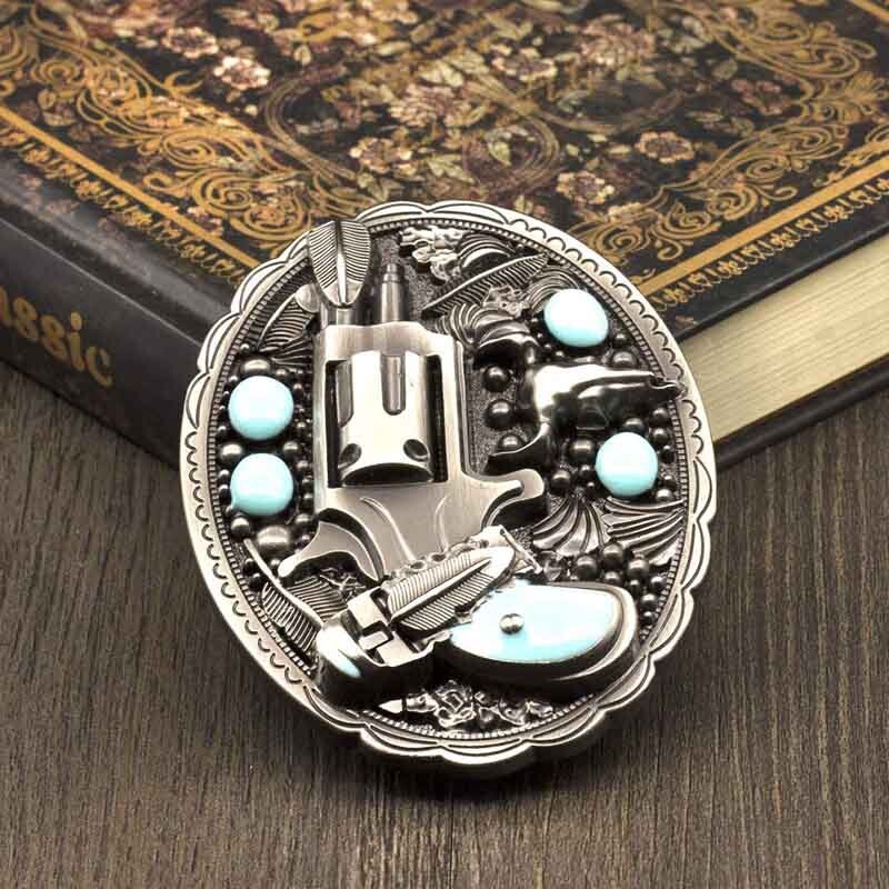 Pistol Revolver Gun Belt Buckle Feathers Turquoise Indian American ...