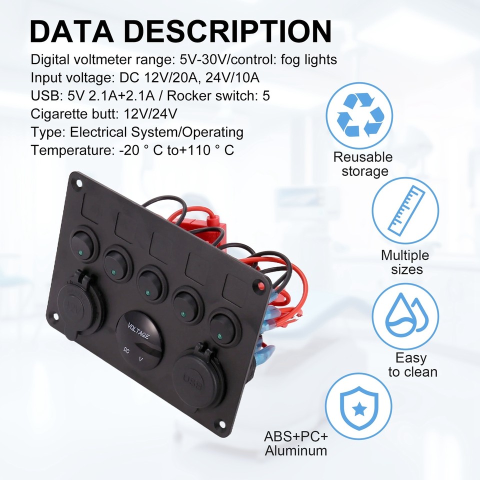 5 Gang 12V/24V Inline-Fuse Box LED Switch Panel Dual USB Car Boat Truck ...