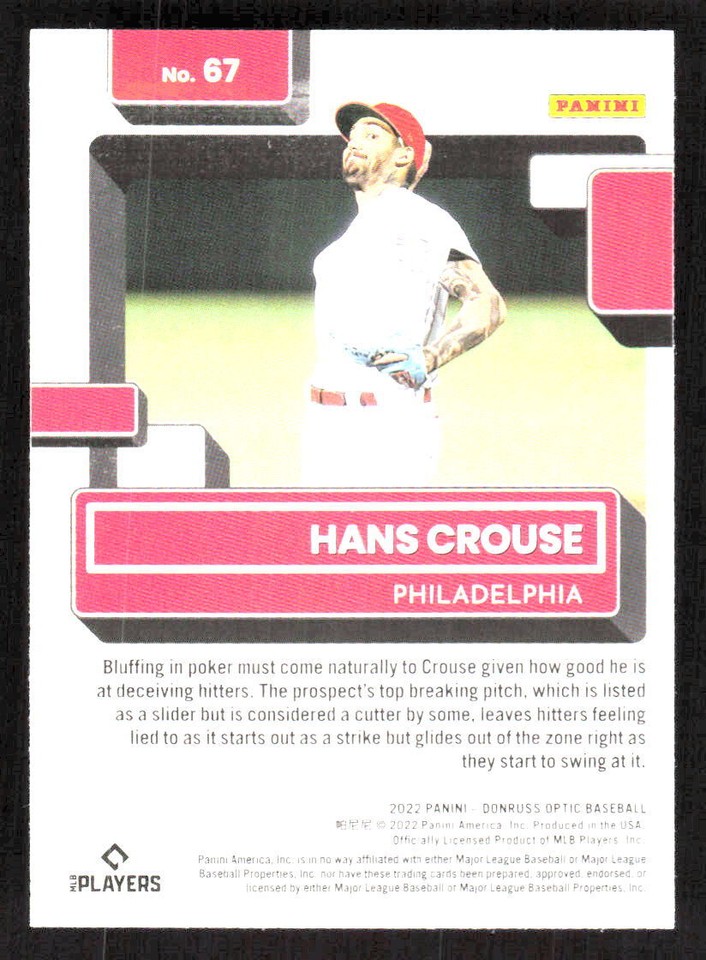 2022 Donruss Hans Crouse #67 Baseball Rookie Philadelphia Phillies RR ...