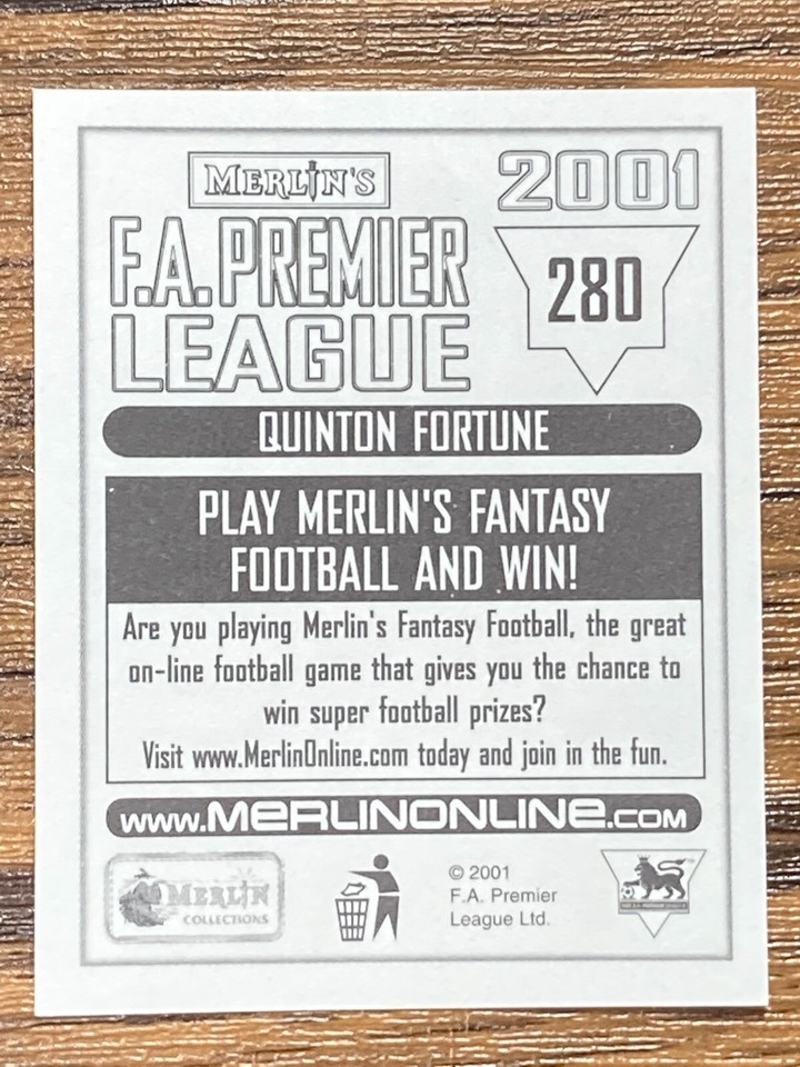 FA Premier League Merlin 2001 Sticker No.280 Quinton Fortune Manchester ...