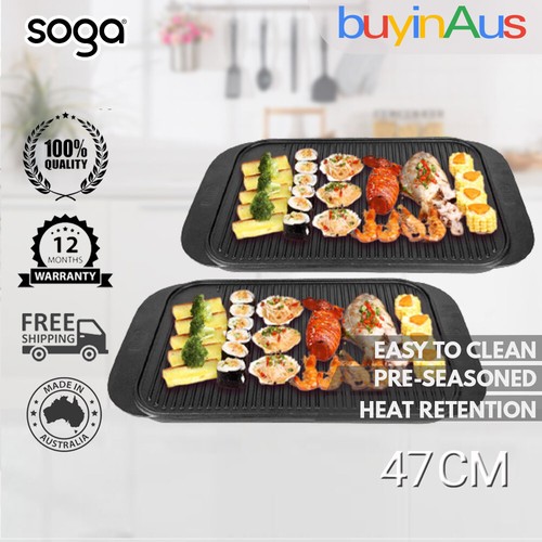 SOGA 2X 47cm Cast Iron Ridged Hot Plate Griddle Grill Pan Outdoor BBQ Cookware | eBay Australia