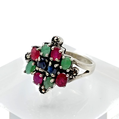 Vintage Sterling Silver 925 Ruby Emerald Sapphire Marcasite Ring Sz 5.5 | eBay
