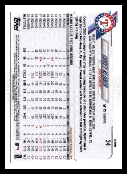 2021 Topps Chrome #34 Corey Kluber Texas Rangers Baseball card | eBay