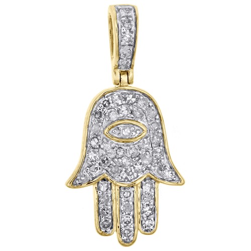 10K Yellow Gold Genuine Diamond Hamsa Hand Pendant 0.85" Mini Pave ...