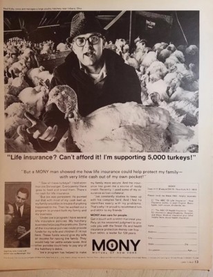 1967 MONY Mutual of New York Life Insurance turkey Hatchery vintage ad ...