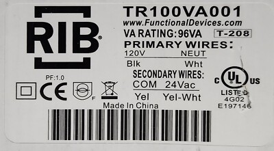 RIB TR100VA001 Control Transformer 96 VA 120 VAC Primary 24 VAC ...