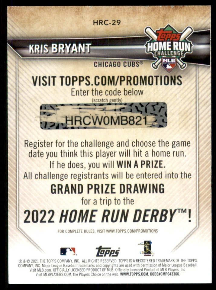 2021 Topps Baseball #HRC-29 Kris Bryant Home Run Challenge Redeemed | eBay